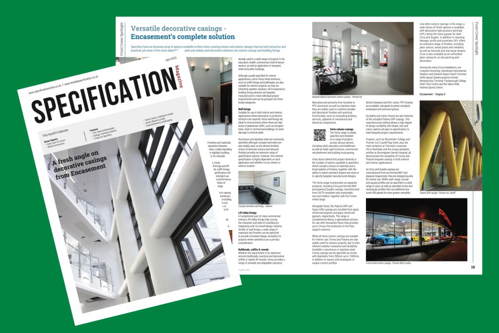 Cover feature on Encasement in Specification magazine - Encasement